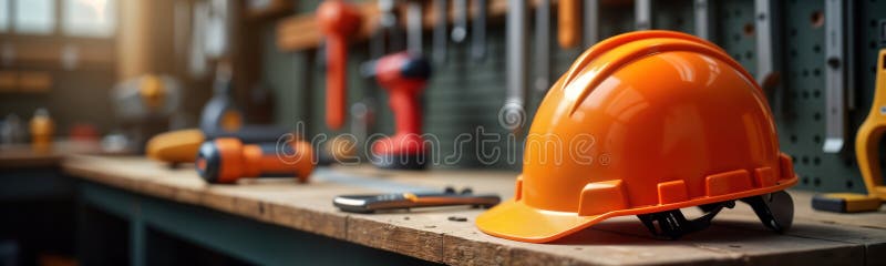Safety Helmet Rests on Workbench Surrounded by Tools. Illustrates ...