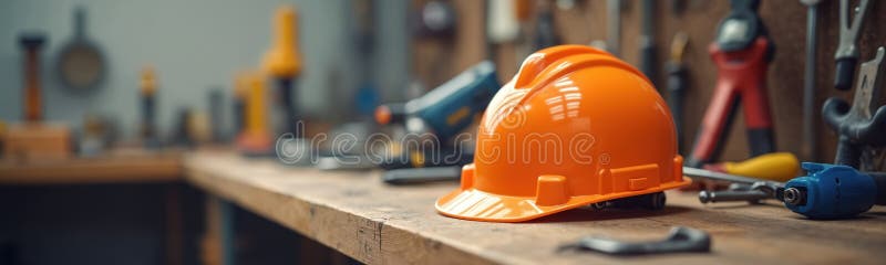 Safety Helmet Rests on Workbench Surrounded by Tools. Workplace Safety ...
