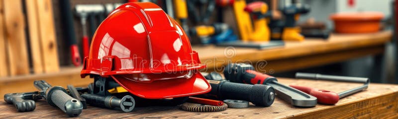 Safety Helmet Sits on Workbench Surrounded by Tools. Illustrates ...