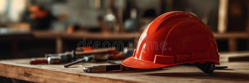Safety Helmet on Workbench Surrounded by Tools. Represents Commitment ...