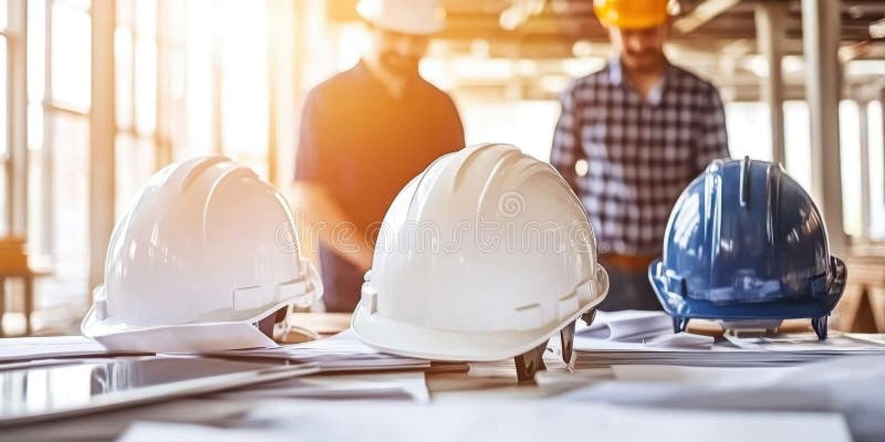 Safety Helmets Ready for Construction Work and Planning on the Table ...