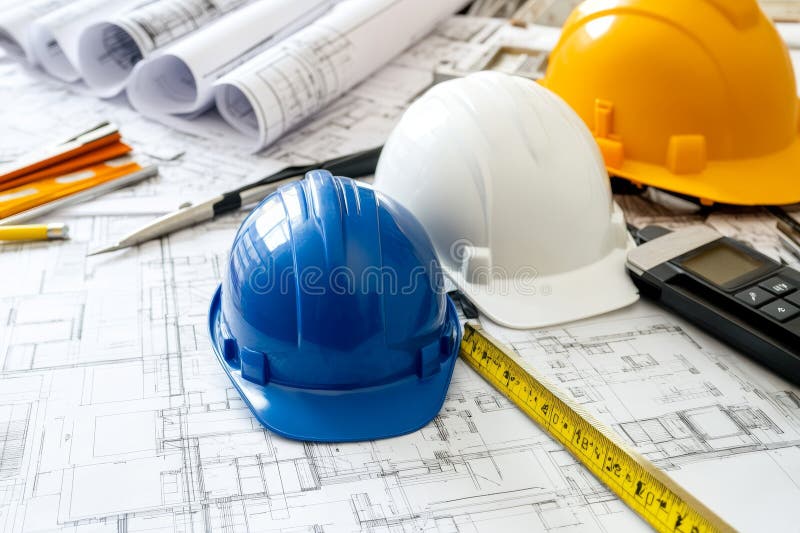 Safety Helmets Stacked on Table with Blueprints and Measuring Tools at ...