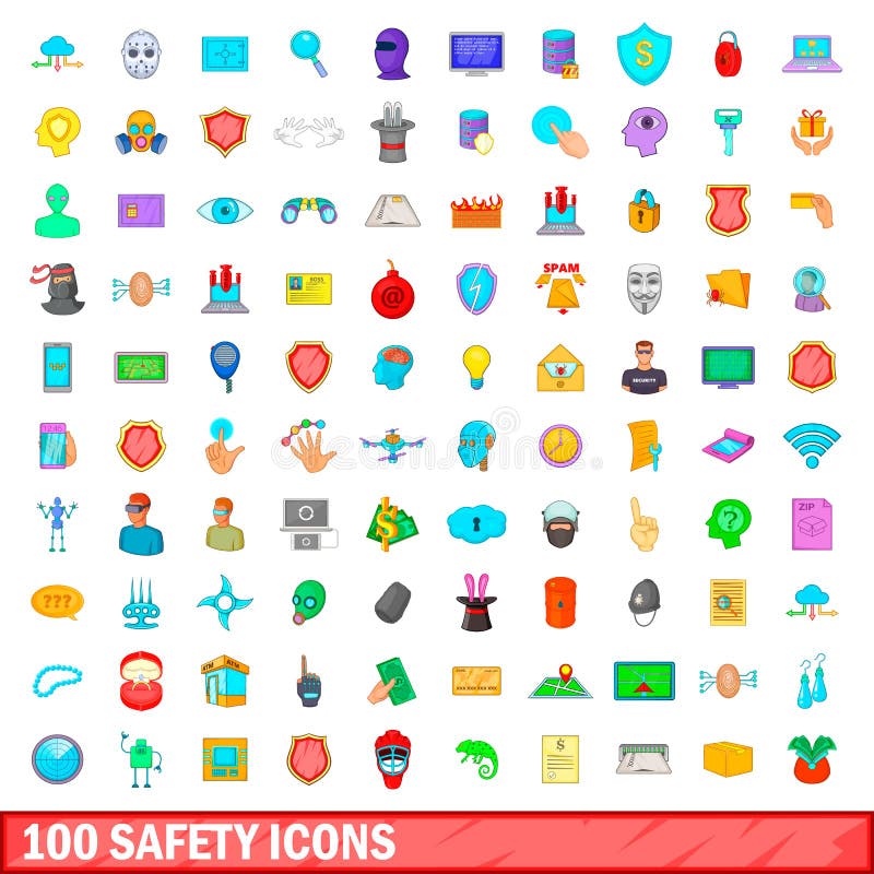 100 Safety Icons Set, Cartoon Style Stock Vector - Illustration of ...