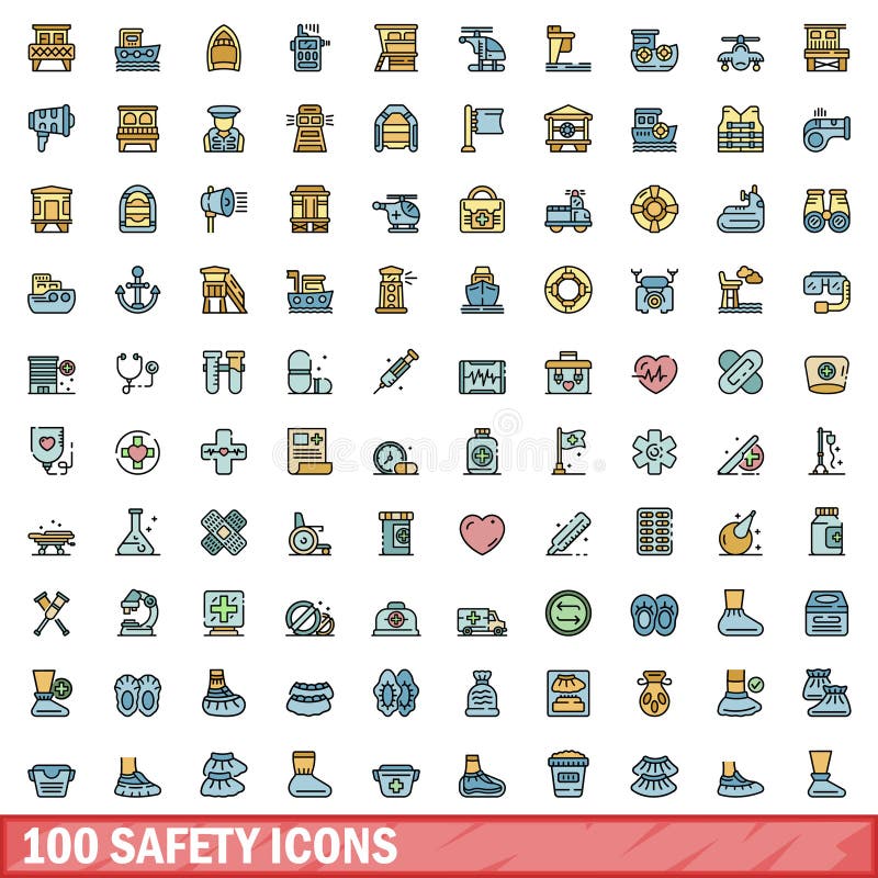 100 Safety Icons Set, Color Line Style Stock Vector - Illustration of ...