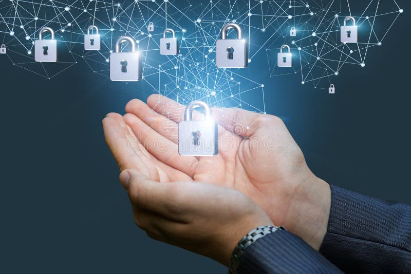 Safety Lock in Hand Businessman. Stock Image - Image of network ...