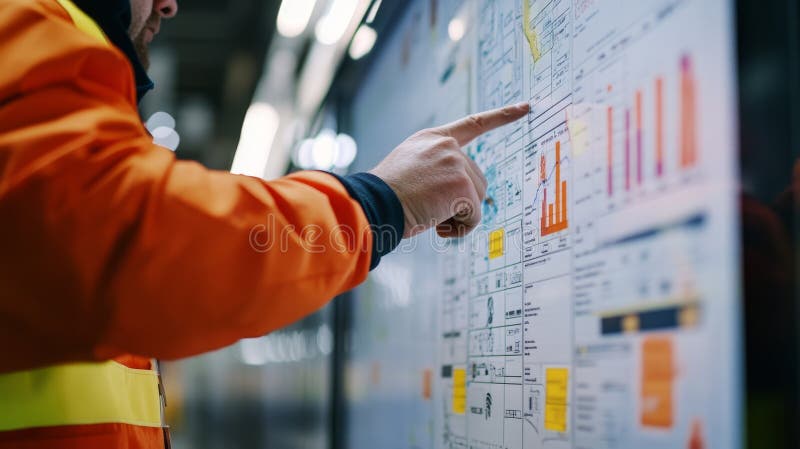 Safety Officer Pointing at Large Information Display in Workplace Stock ...