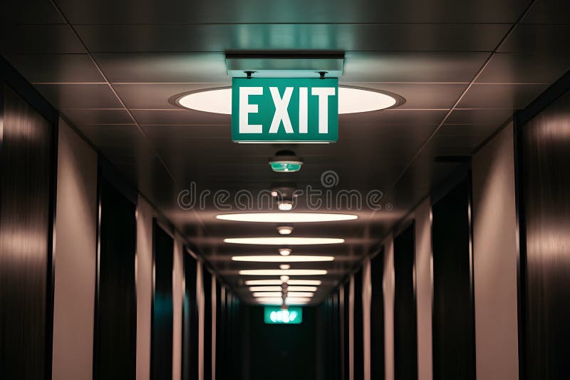 Safety Sign Indicating Emergency Exit Location in Corridor with ...