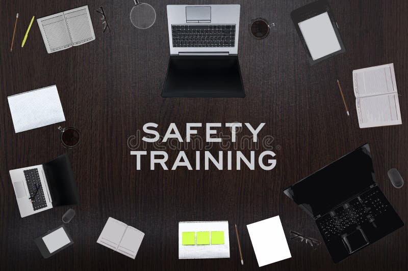 Safety Training Concept. Top Layout of Drawings of Laptops, Notepads ...
