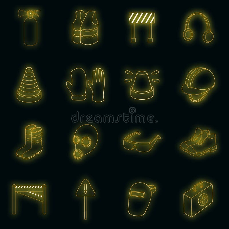 Safety Work Icons Set Vector Neon Stock Vector - Illustration of boots ...