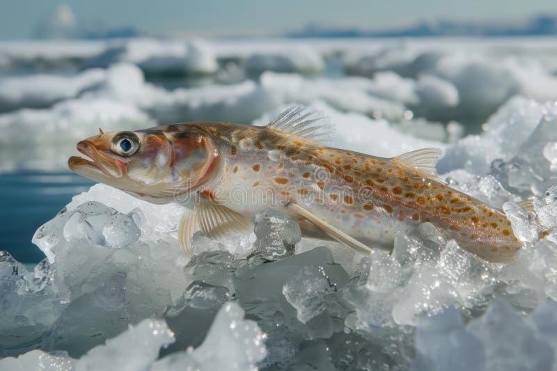 Saffron Cod Fish Laying on Ice Chunks in Ocean Water Stock Photo ...