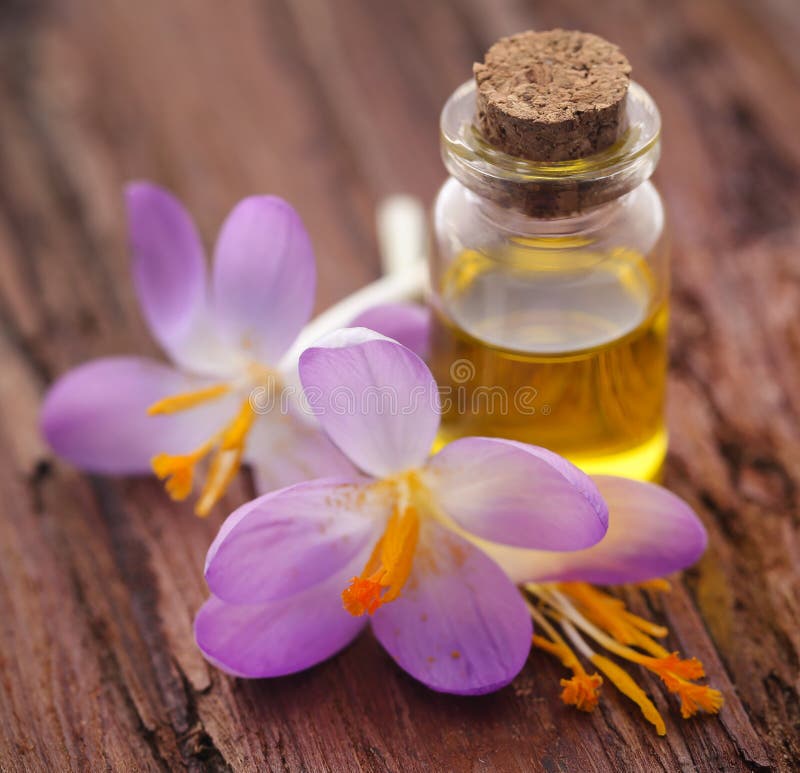 Saffron Crocus Flower with Extract in a Bottle Stock Image - Image of ...