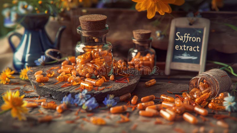 Saffron Extract Capsules Supplements on the Table. Selective Focus ...