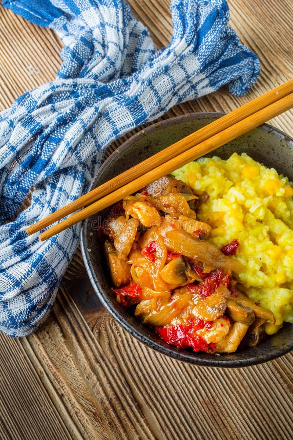Saffron Rice with Pieces of Chicken and Vegetables. Stock Image - Image ...