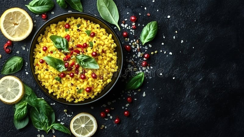 Saffron Risotto with Herbs, Lemon, Spices on Dark Background Stock ...