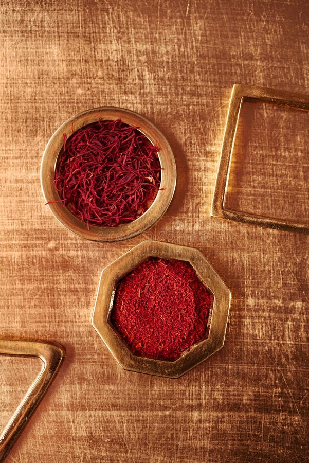 Saffron Space Threads and Powder in Golden Stock Image - Image of herb ...