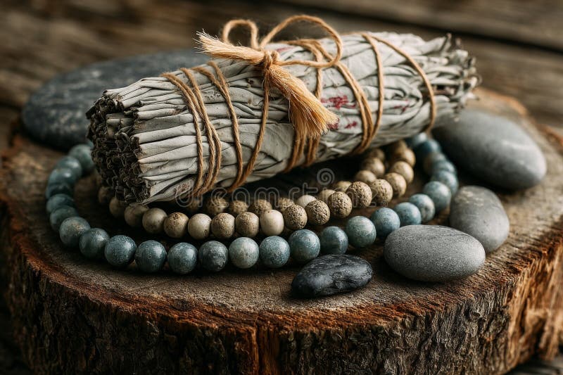 Sage Smudge Stick with Grey Beads and Stones on Wood Stock Illustration ...