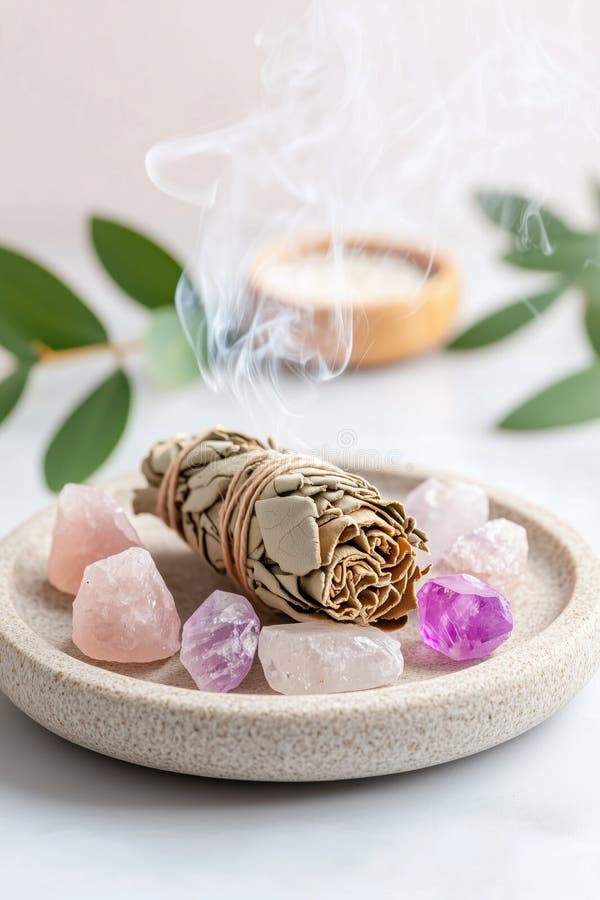 Sage Smudging Ritual with Crystals and Eucalyptus on Ceramic Plate ...