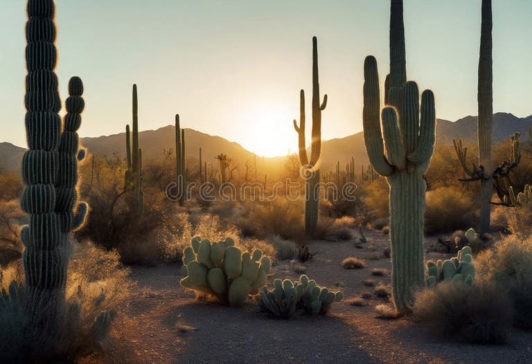 Saguaro Cactus Sunrise Panoramic Stock Illustration - Illustration of ...