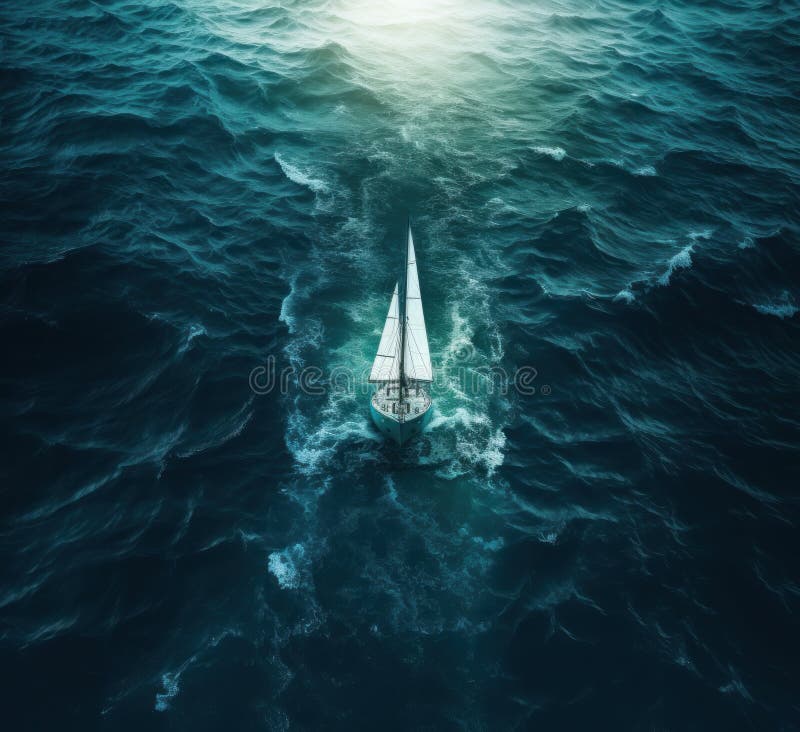 A Sail Boat Floating in Open Ocean Aerial Stock Image - Image of summer ...