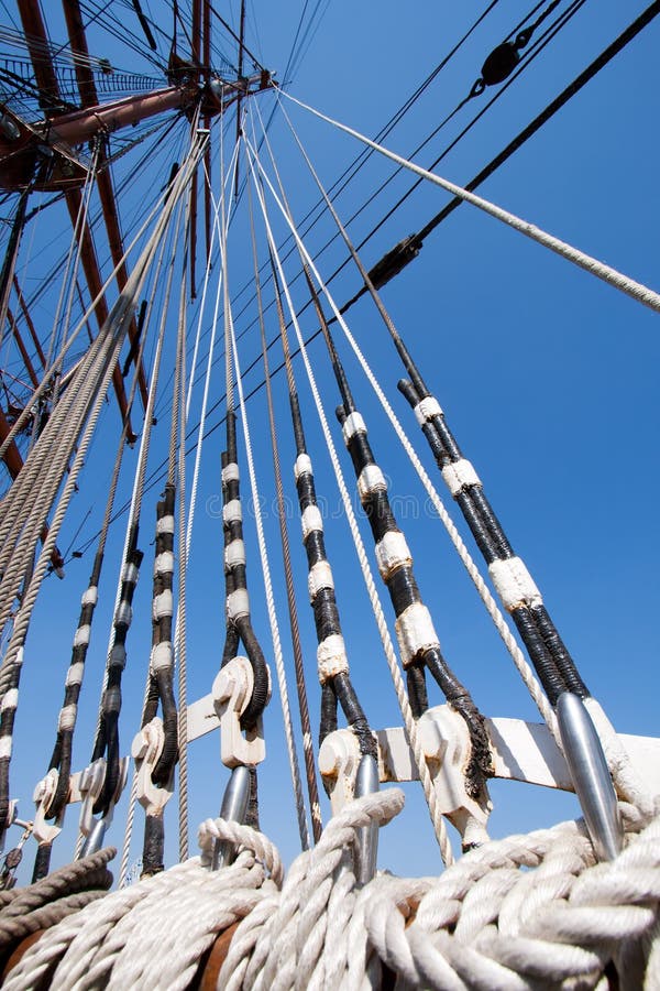 Tall Ship Rigging Ropes Over Blue Sky Stock Image - Image of sailboat ...