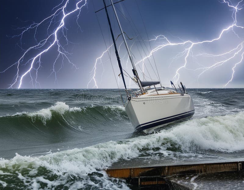 Sailboat in the Against the in a Violent Storm with Waves, Lightning ...