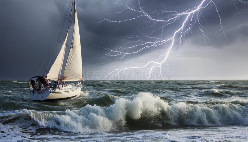 Sailboat in the Against the in a Violent Storm with Waves, Lightning ...