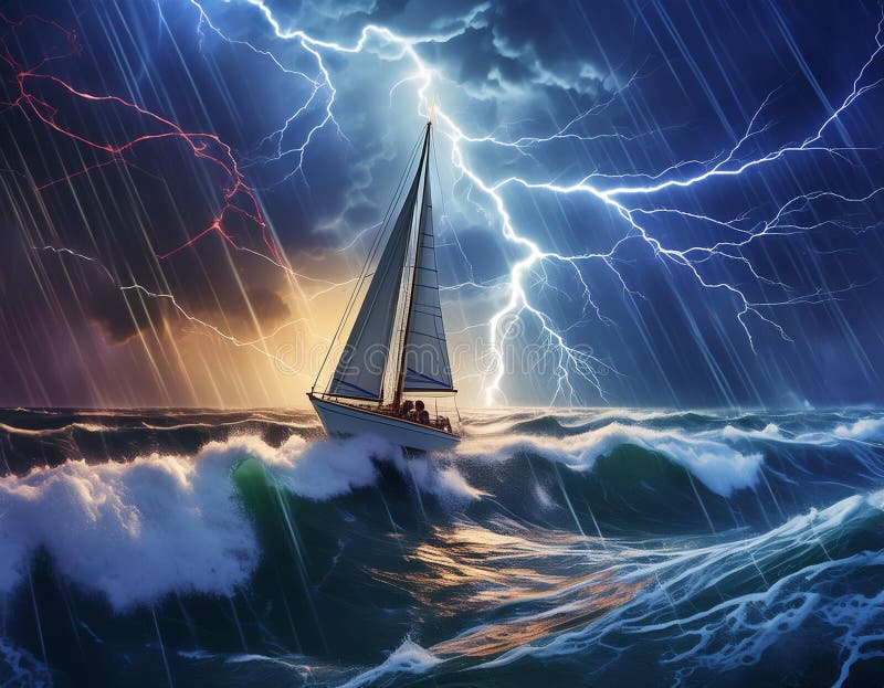 Sailboat in the Against the in a Violent Storm with Waves, Lightning ...