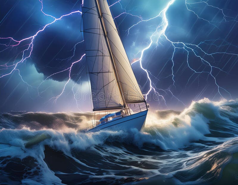 Sailboat in the Against the in a Violent Storm with Waves, Lightning ...