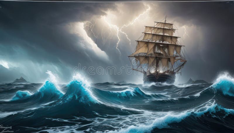 Sailboat in the Against the in a Violent Storm with Waves, Lightning ...