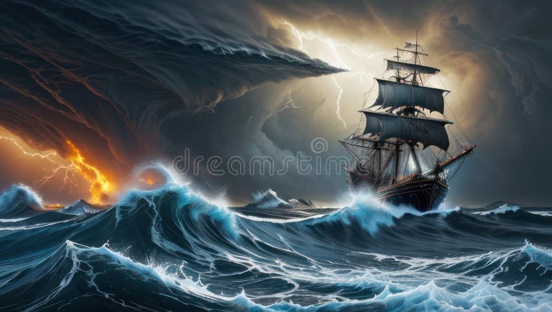 Sailboat in the Against the in a Violent Storm with Waves, Lightning ...