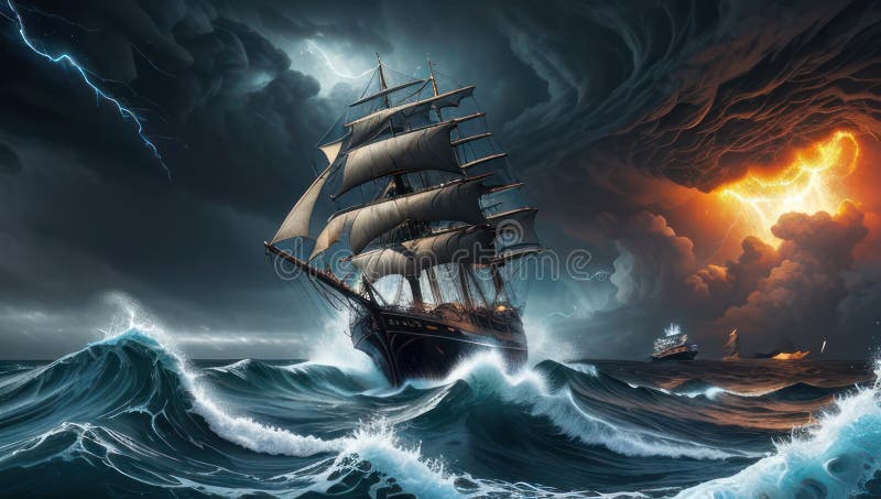 Sailboat in the Against the in a Violent Storm with Waves, Lightning ...