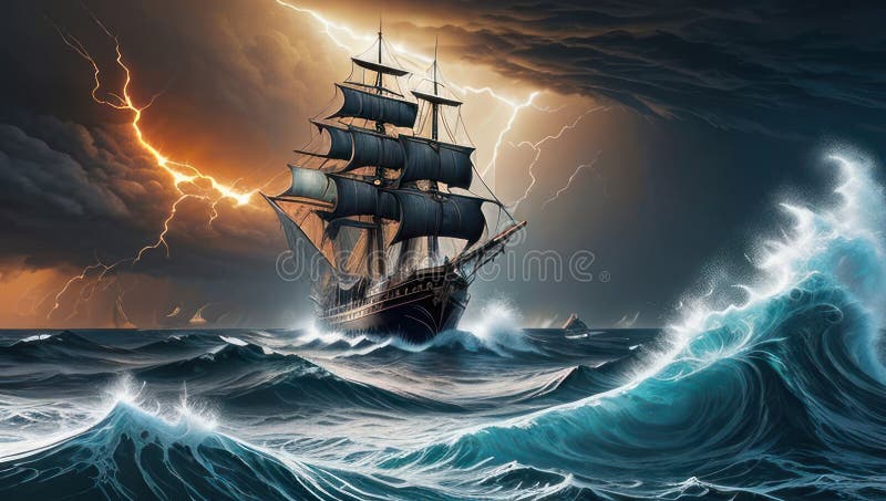 Sailboat in the Against the in a Violent Storm with Waves, Lightning ...
