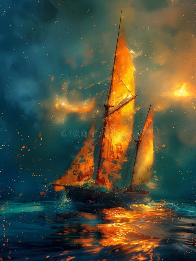 A Sailboat Burning on the Water. Fantasy Illustration Stock ...