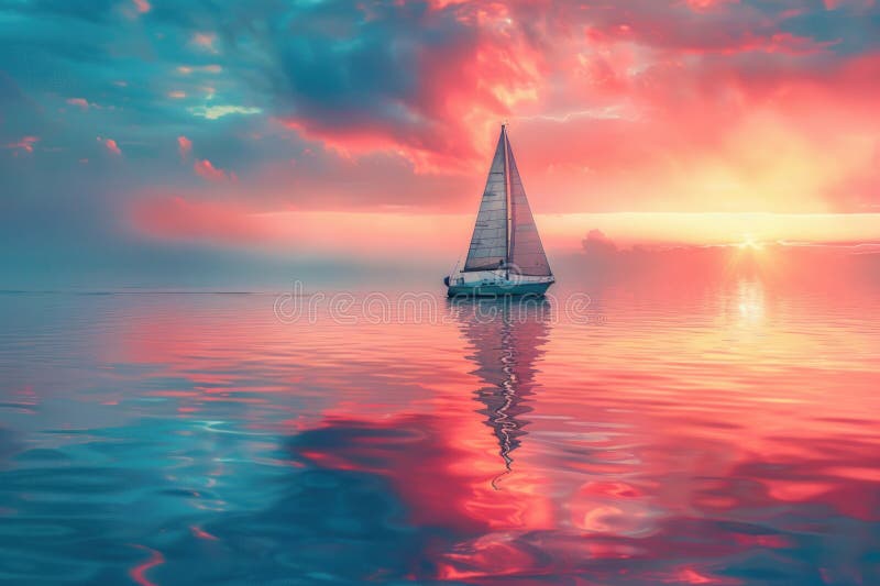 A Sailboat on a Calm Sea at Sunset Stock Photo - Image of ocean ...