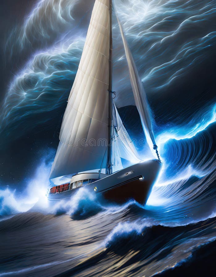 A Sailboat Caught in a Storm at Sea Stock Illustration - Illustration ...
