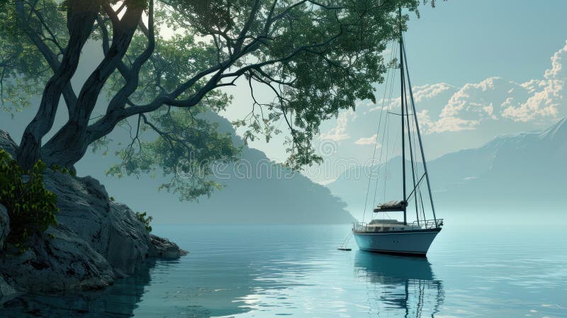 Sailboat Docked in a Calm Bay Under a Tree Stock Illustration ...