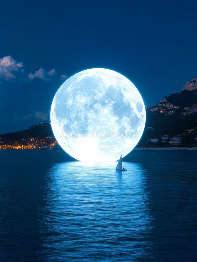 A Sailboat Floating in the Ocean Under a Full Moon Stock Photo - Image ...