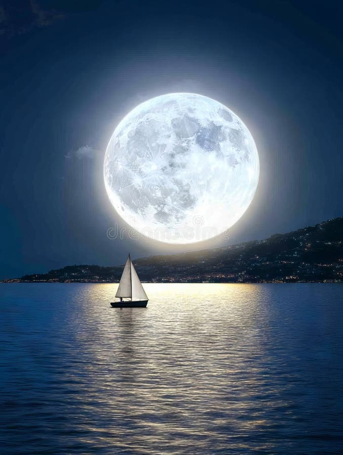 A Sailboat Floating in the Ocean Under a Full Moon Stock Photo - Image ...