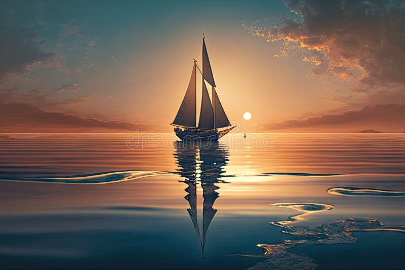 A Sailboat Gliding Across a Calm Blue Sea, the Sun Setting Behind it ...