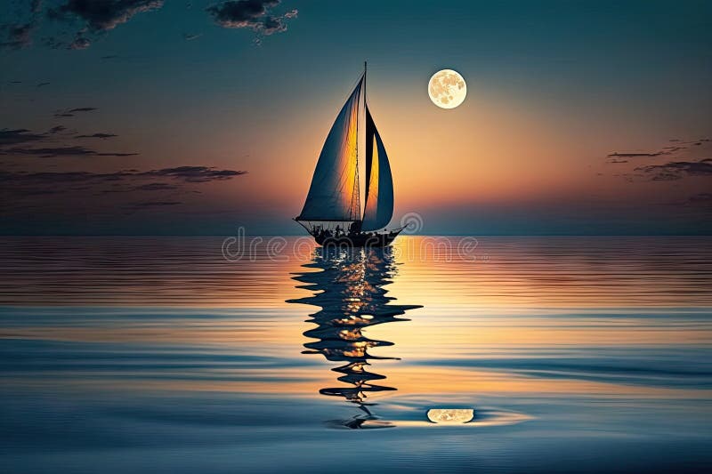 A Sailboat Gliding Across a Calm Blue Sea, the Sun Setting Behind it ...