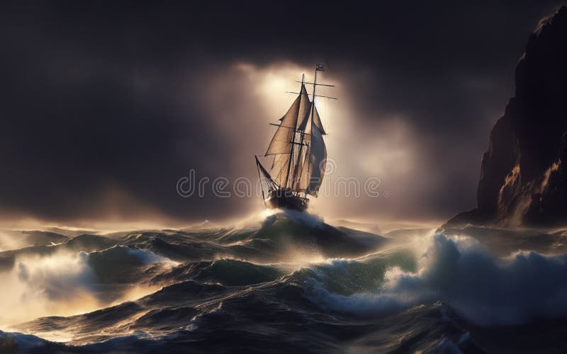 Sailboat on High Waves in the Scary Sea Sea Waves in a Violent Storm ...