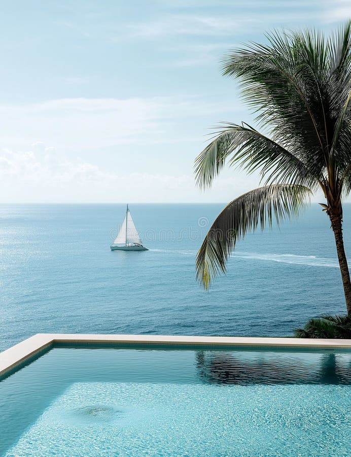 Sailboat and Infinity Pool Ocean View Stock Image - Image of digital ...