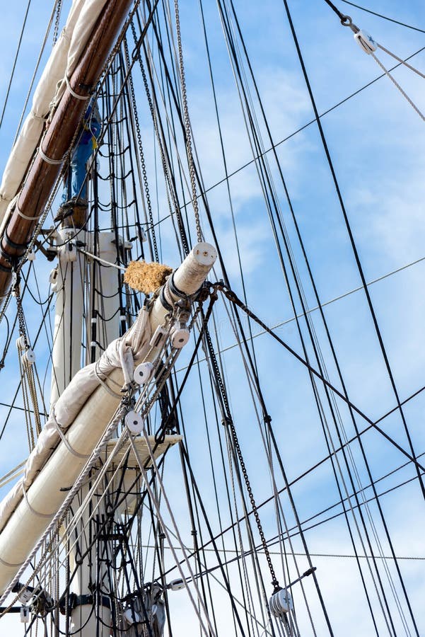 Masts and Rigging of an Old Wooden Sailboat. Details Deck of the Ship ...