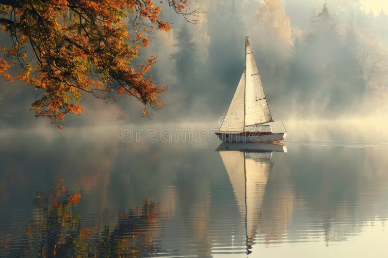 Sailboat on the Mirror-like Lake Surface among Autumn Trees. Stock ...