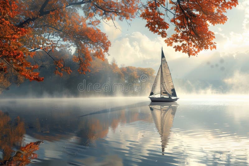 Sailboat on the Mirror-like Lake Surface among Autumn Trees. Stock ...