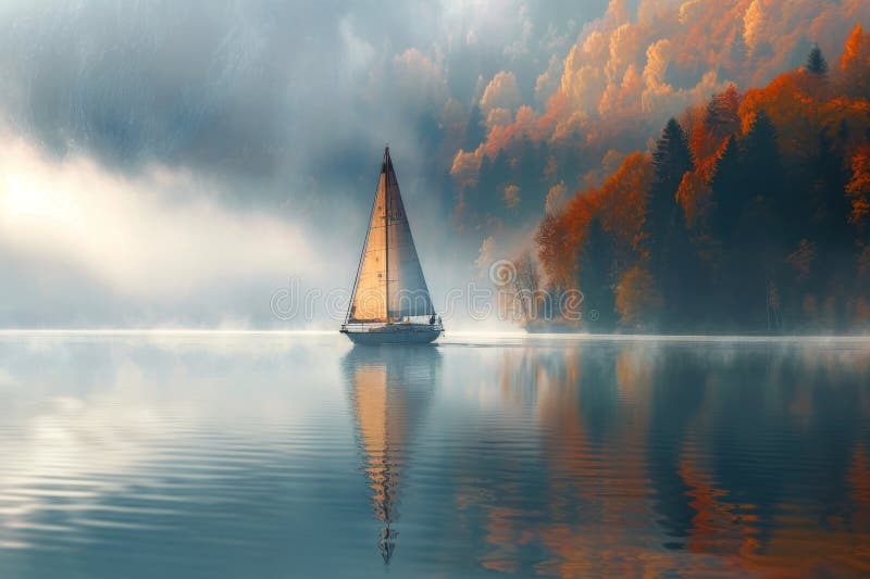 Sailboat on the Mirror-like Lake Surface among Autumn Trees. Stock ...