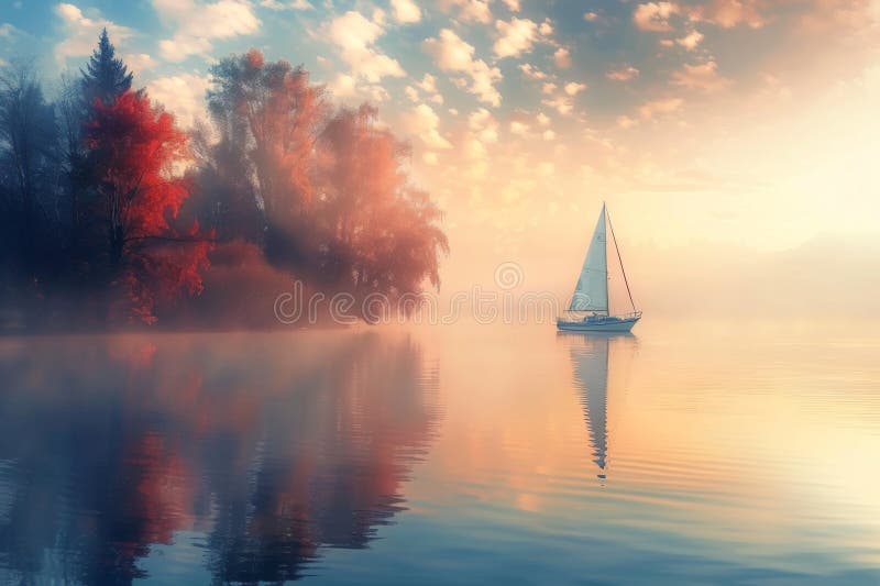Sailboat on the Mirror-like Lake Surface among Autumn Trees. Stock ...