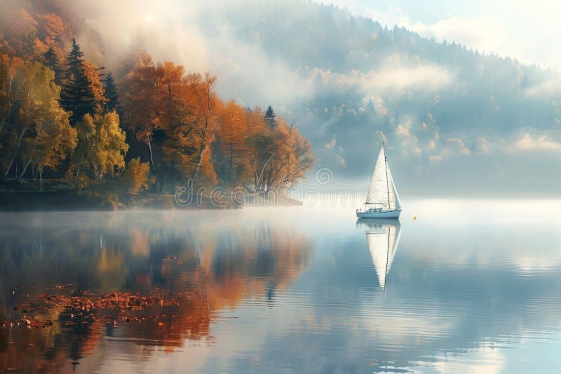Sailboat on a Misty Lake with Autumn Forest Background. Stock Photo ...