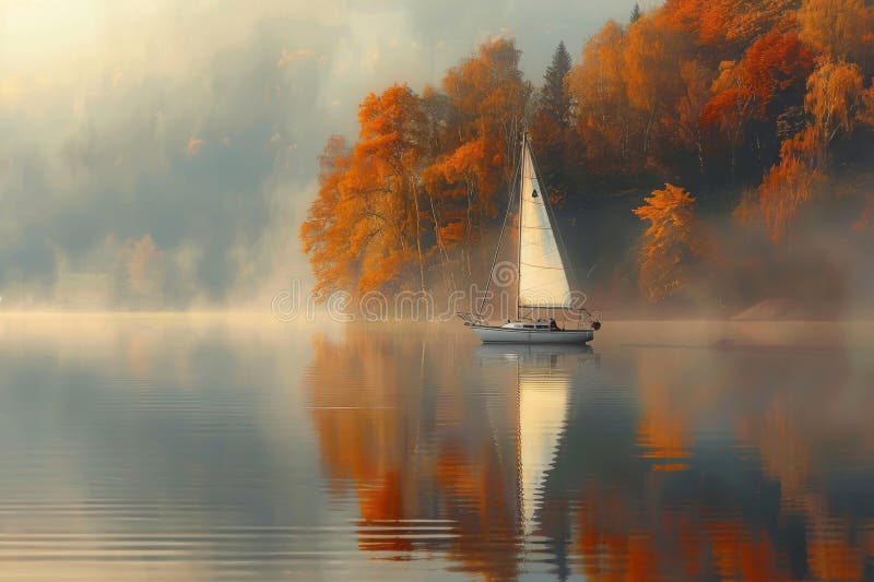 Sailboat on a Misty Lake with Autumn Forest Background. Stock Image ...
