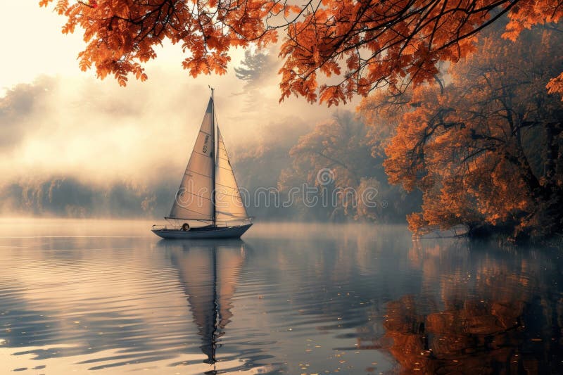 Sailboat on a Misty Lake with Autumn Forest Background. Stock Photo ...